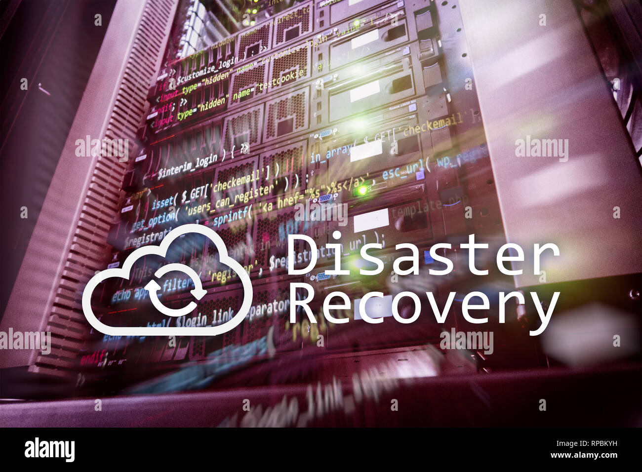 DIsaster recovery. Data loss prevention. Server room on background ...