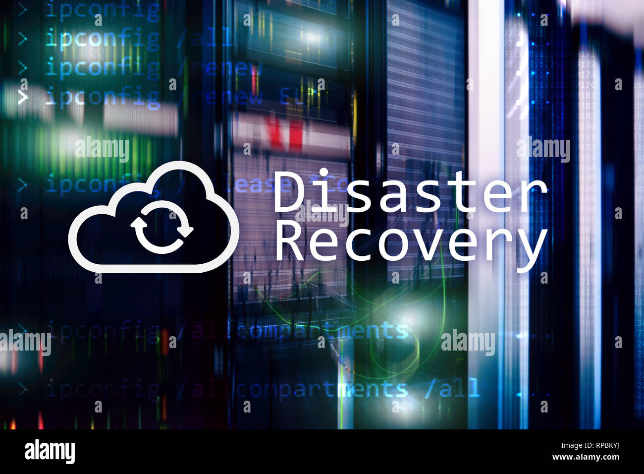 DIsaster recovery. Data loss prevention. Server room on background ...