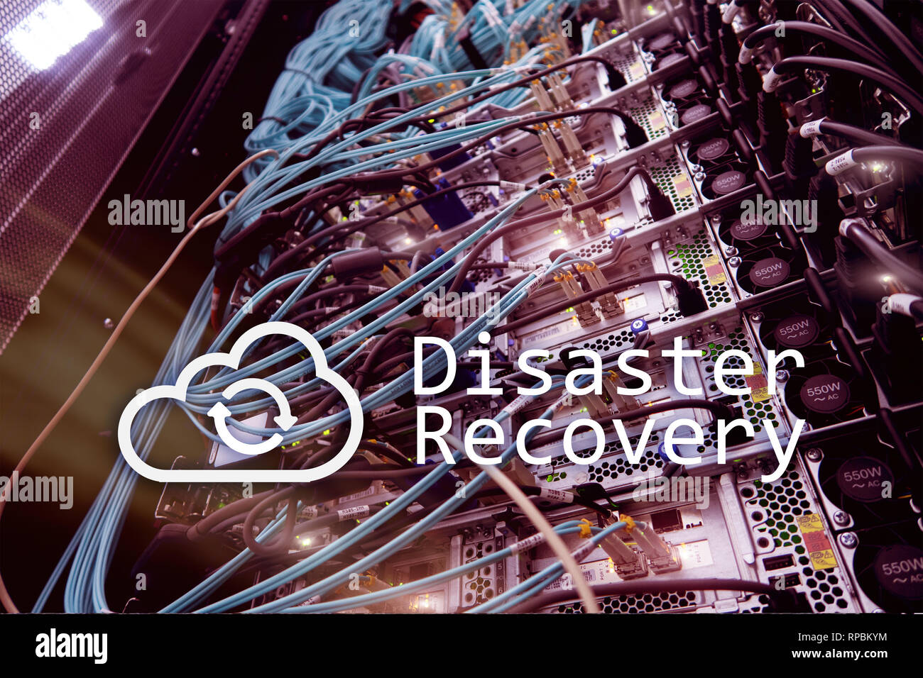 DIsaster recovery. Data loss prevention. Server room on background ...