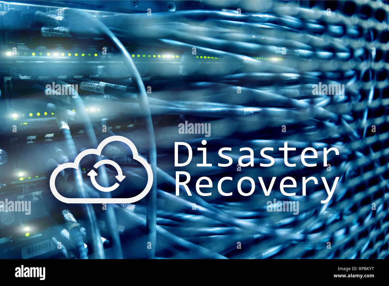 DIsaster recovery. Data loss prevention. Server room on background ...