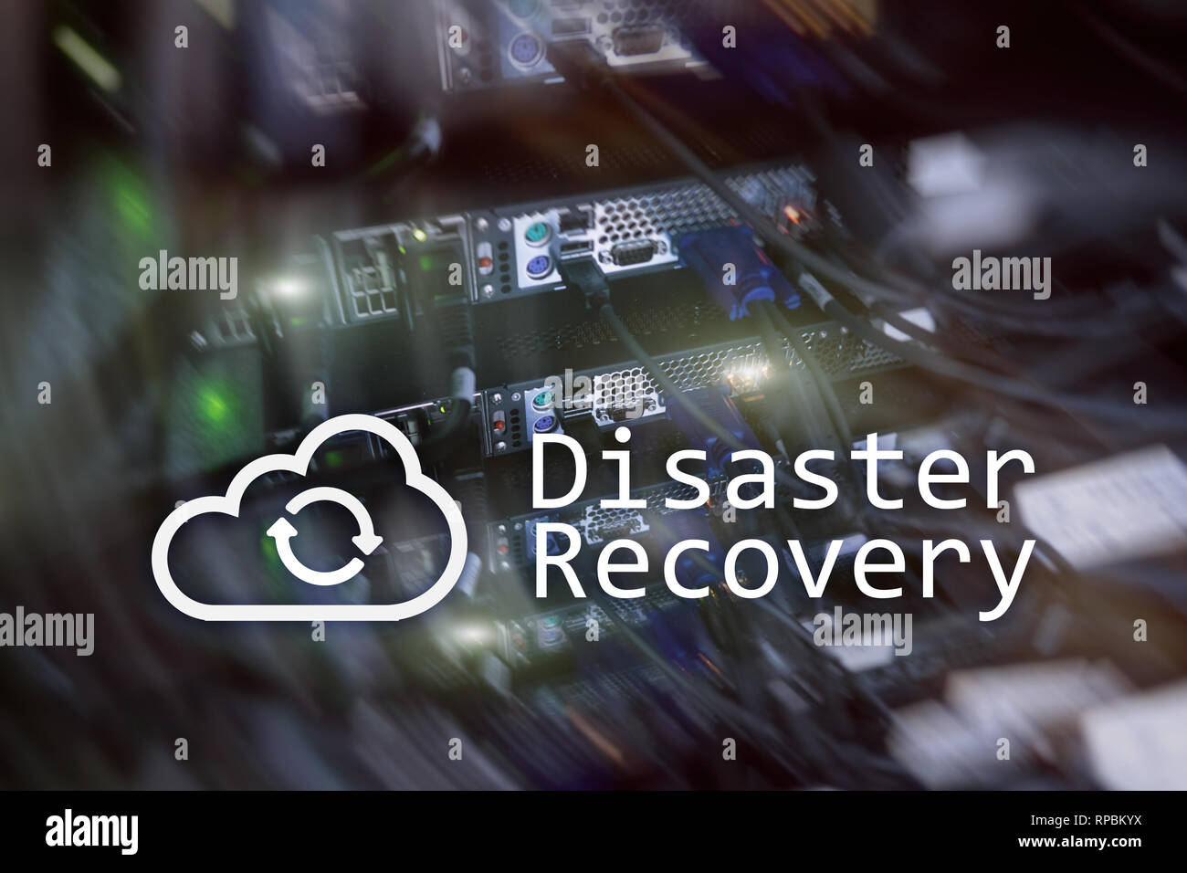 DIsaster recovery. Data loss prevention. Server room on background ...