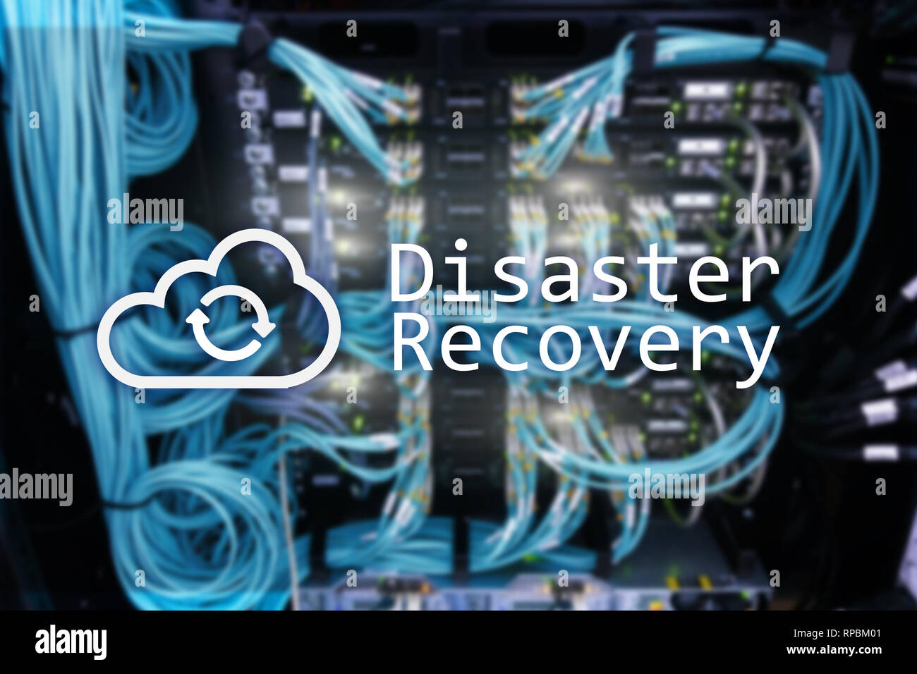 DIsaster recovery. Data loss prevention. Server room on background ...