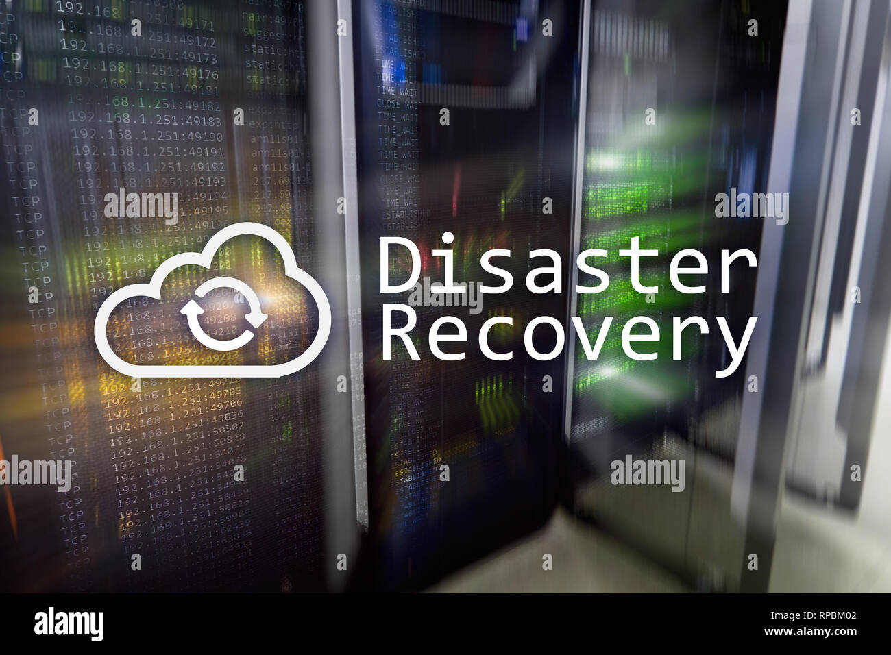 DIsaster recovery. Data loss prevention. Server room on background ...