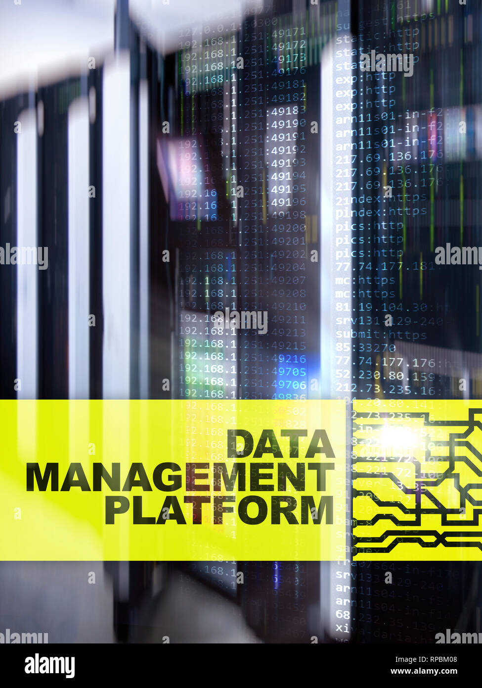 Data management and analysis platform concept on server room background ...