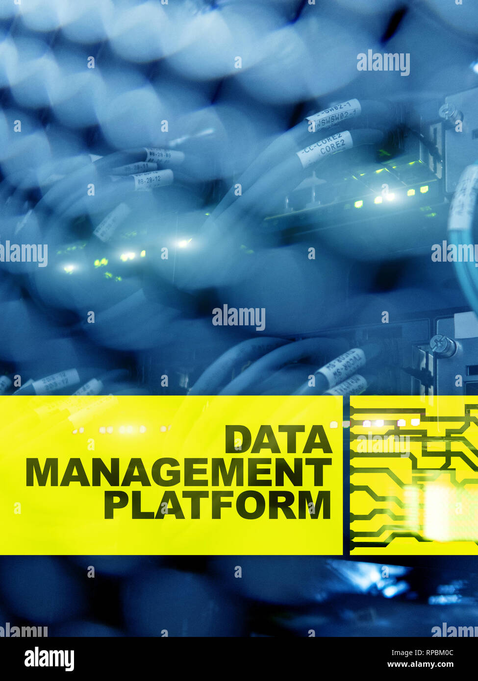 Data management and analysis platform concept on server room background ...