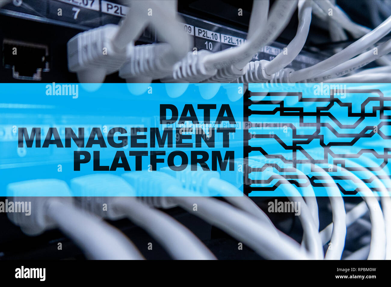 Data management and analysis platform concept on server room background ...