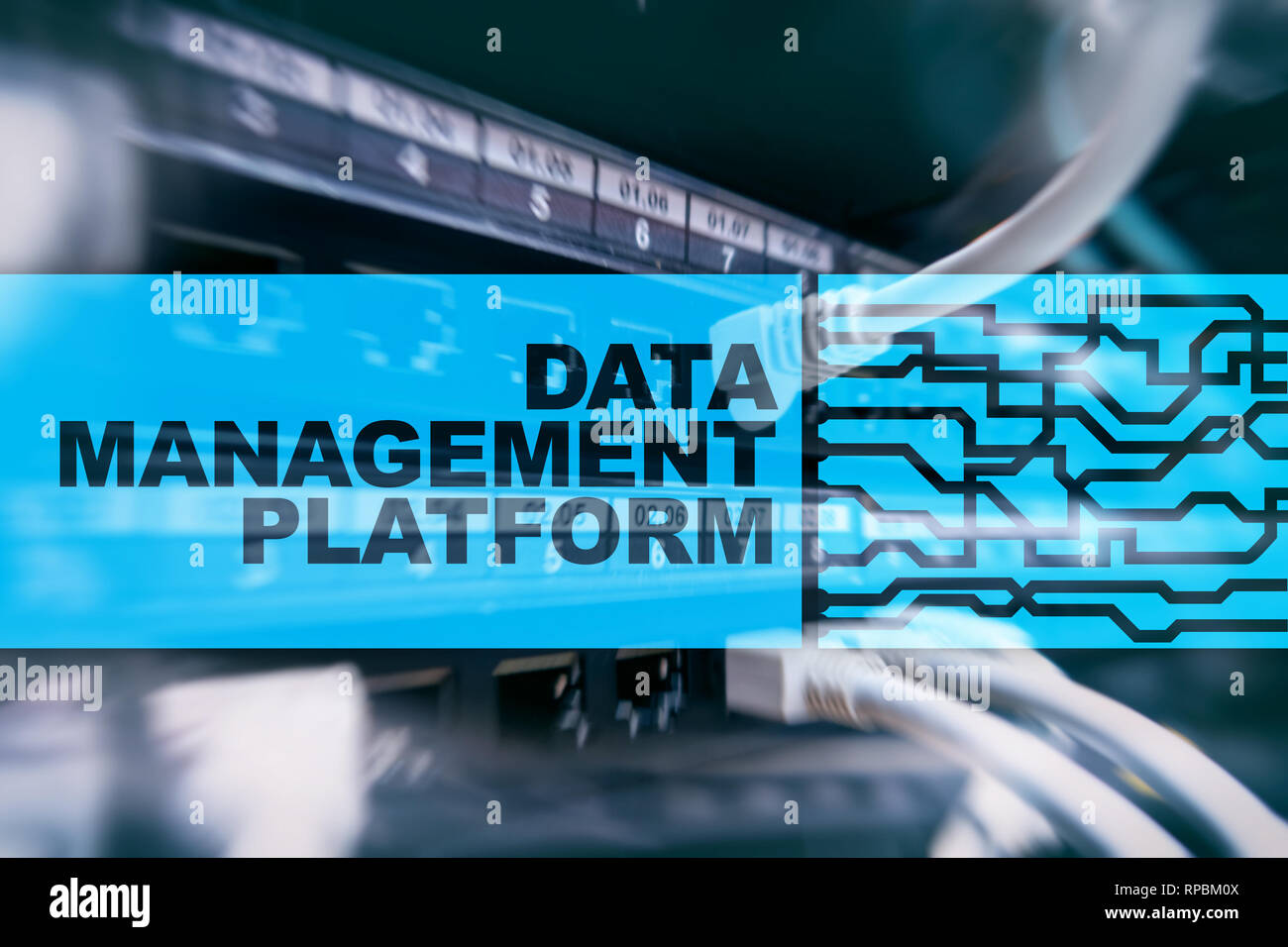 Data management and analysis platform concept on server room background ...
