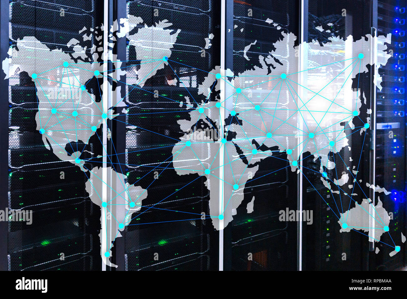 Internet and telecommunication concept with world map on server room ...