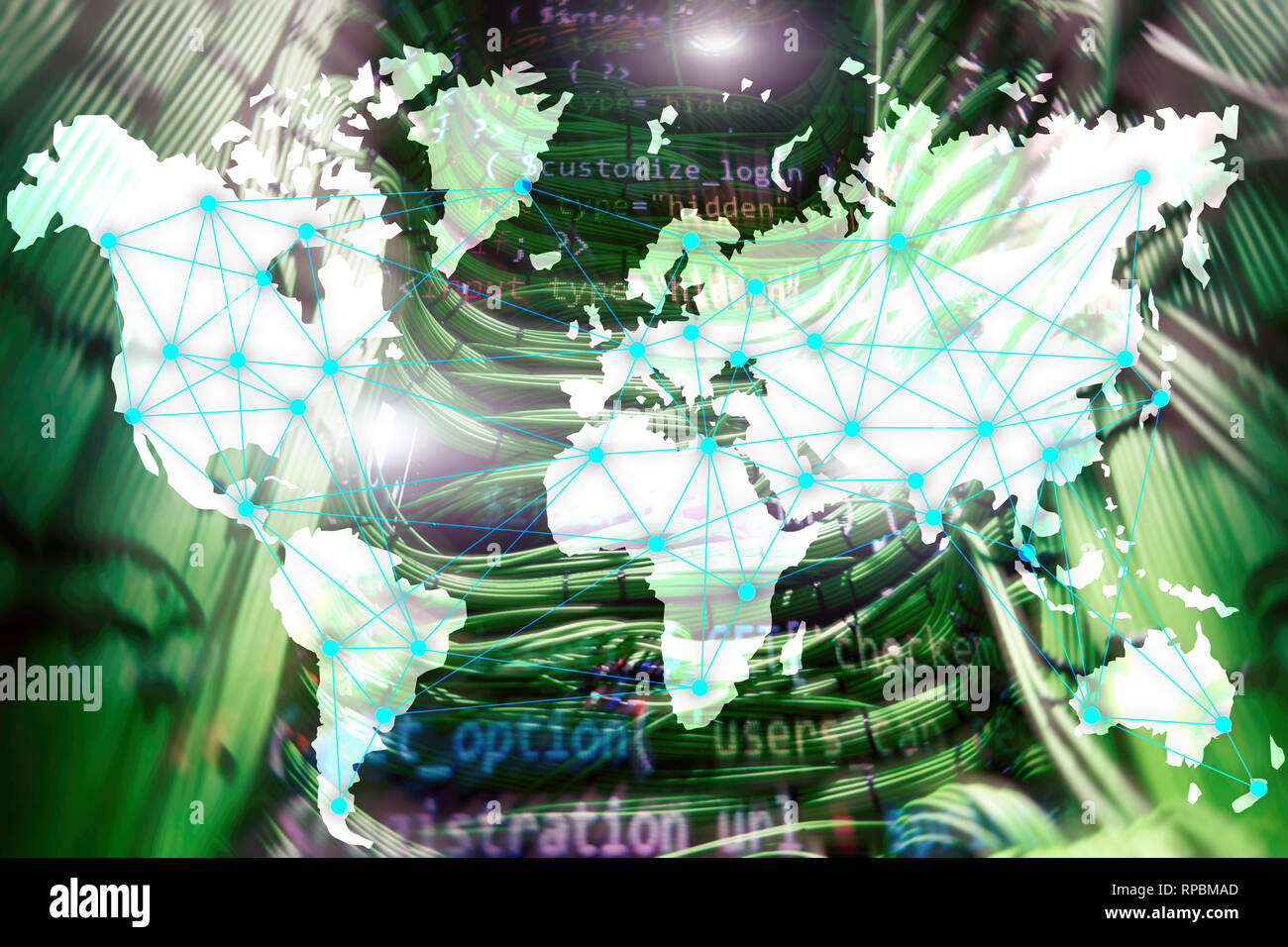 Internet and telecommunication concept with world map on server room ...
