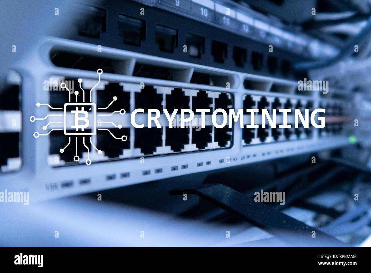 Cryptocurrency mining concept on server room background Stock Photo - Alamy