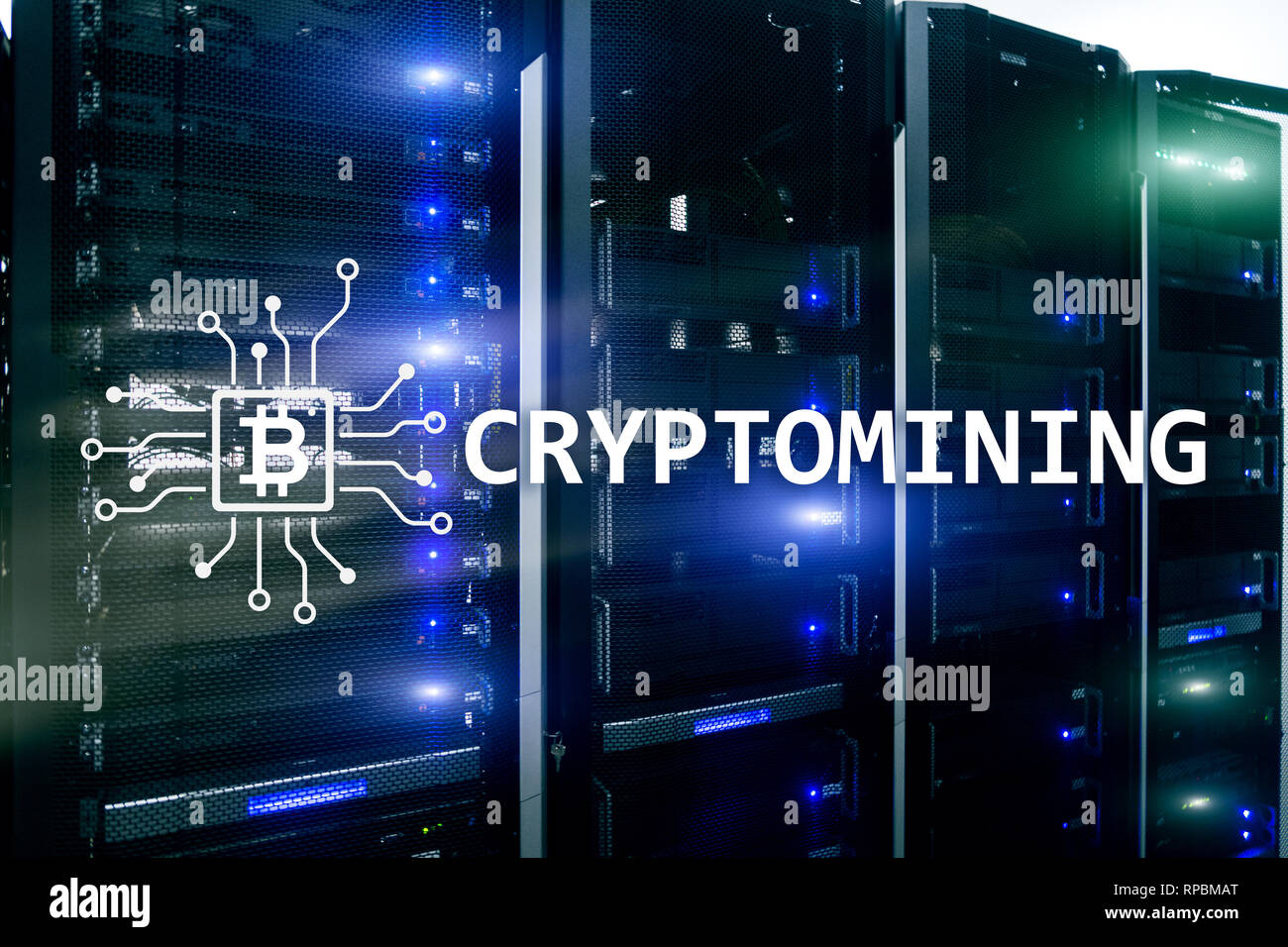 Cryptocurrency mining concept on server room background Stock Photo - Alamy