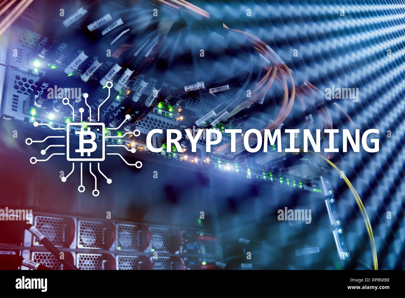 Cryptocurrency mining concept on server room background Stock Photo - Alamy
