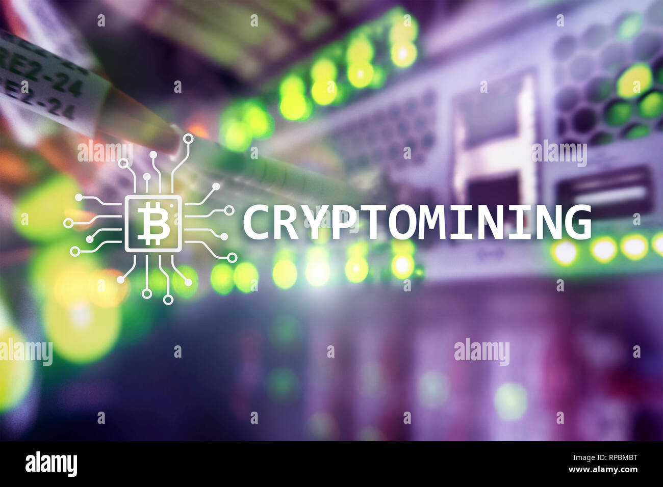 Cryptocurrency mining concept on server room background Stock Photo - Alamy
