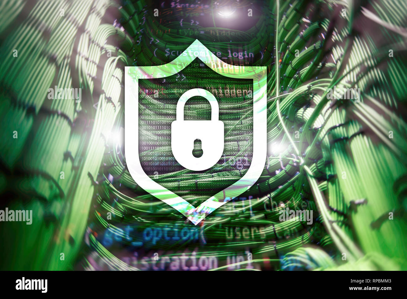 Cyber protection shield icon on server room background. Information ...