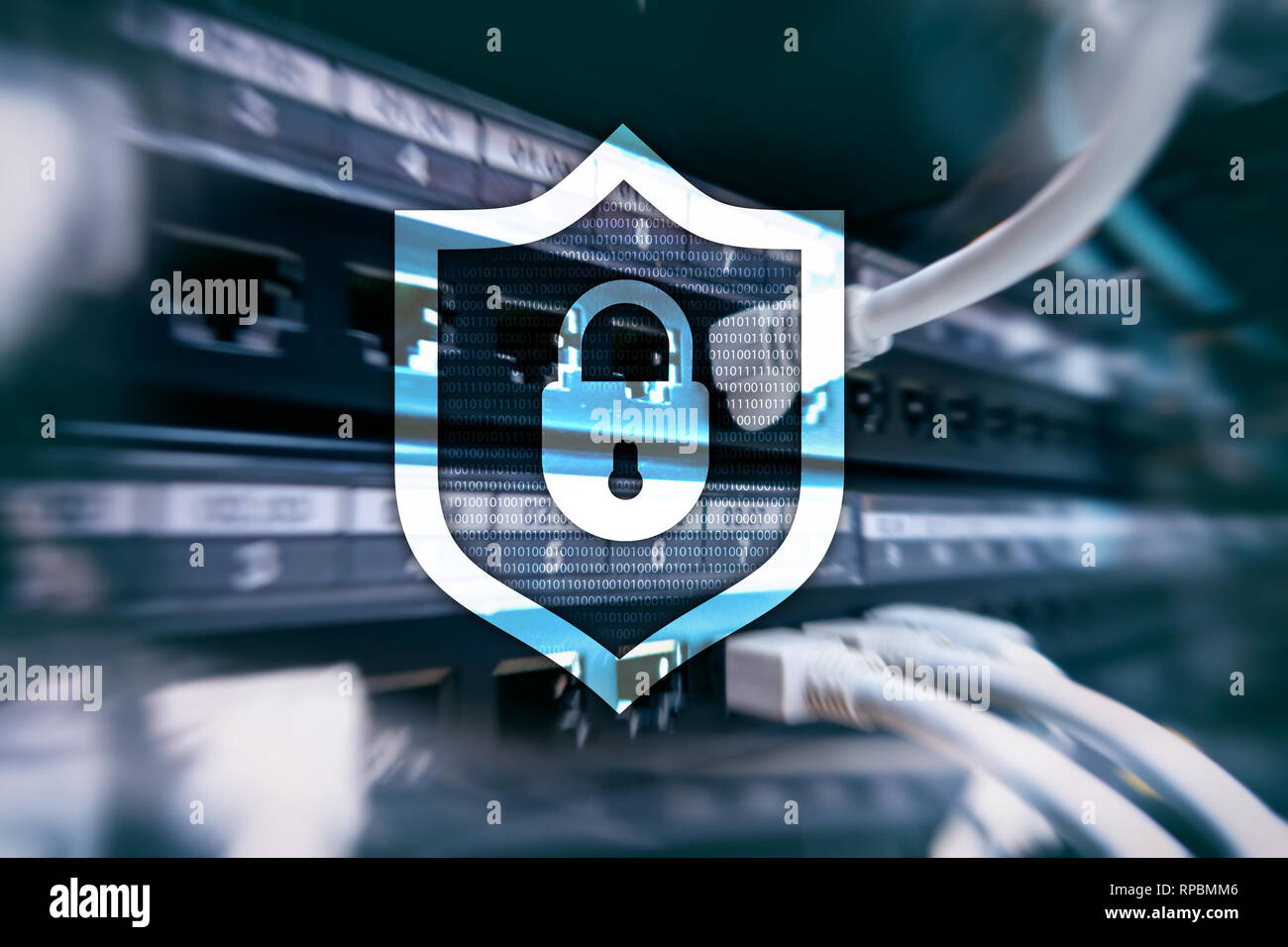 Cyber protection shield icon on server room background. Information ...