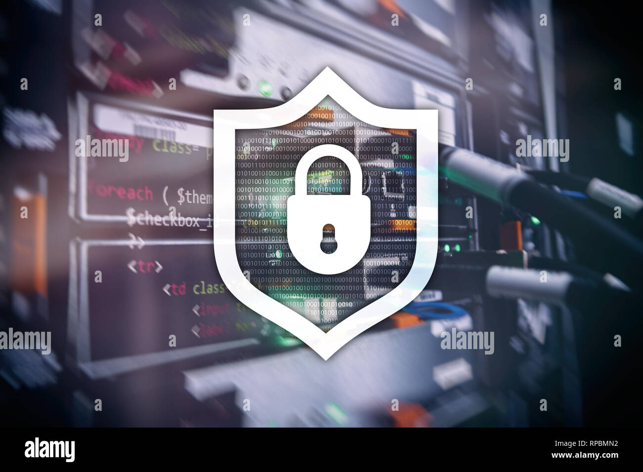 Cyber protection shield icon on server room background. Information ...