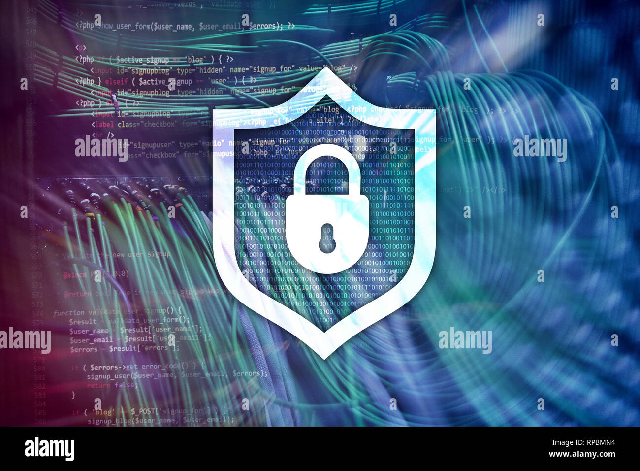 Cyber protection shield icon on server room background. Information ...