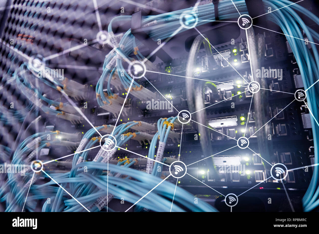 Wi fi network abstract structure on modern server room background Stock ...