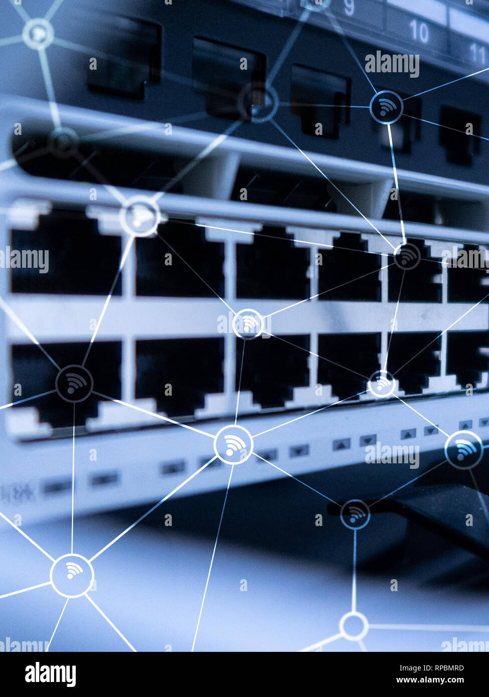 Wi fi network abstract structure on modern server room background Stock ...