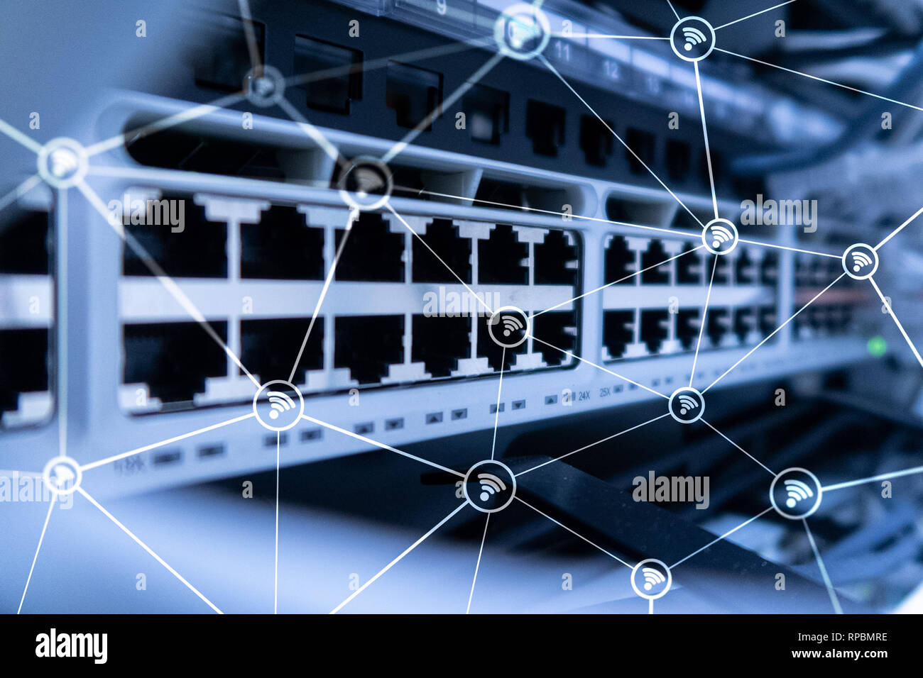 Wi fi network abstract structure on modern server room background Stock ...