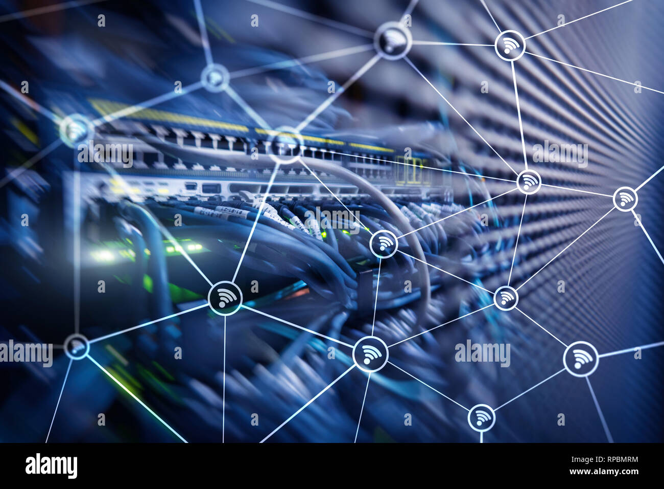 Wi fi network abstract structure on modern server room background Stock ...