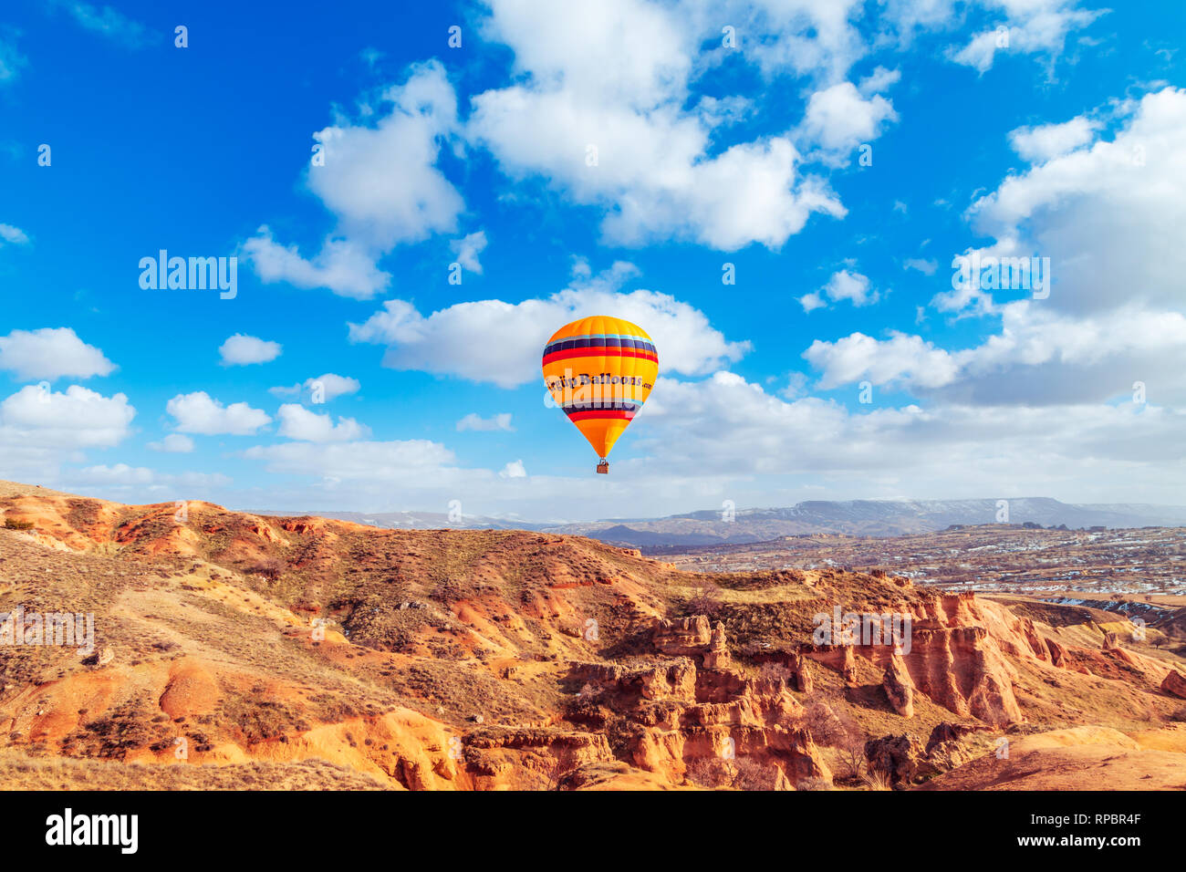 Hot air balloons in the sky over Cappadocia. Göreme, Cappadocia, Turkey - January 28, 2019 Stock ...
