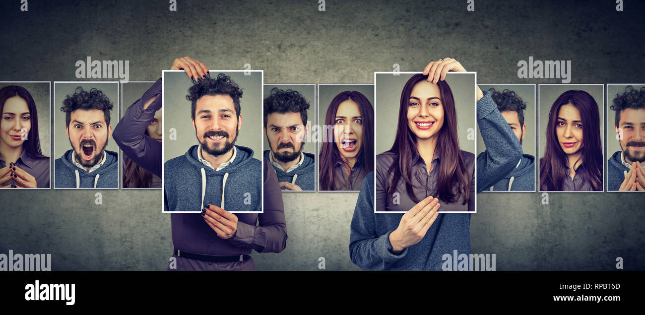 Balanced relationship concept. Masked woman and man expressing ...