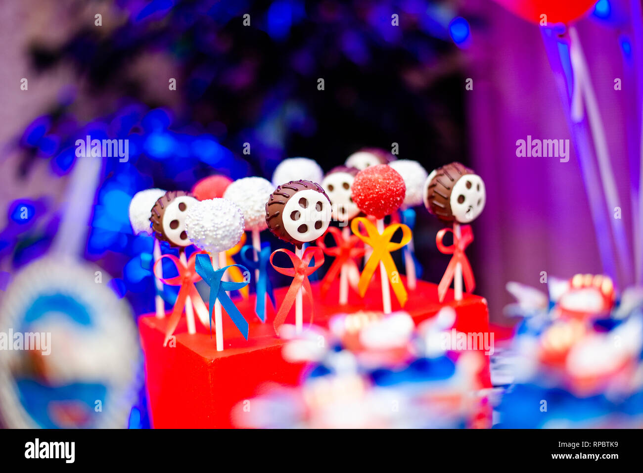 Candy bar on boy's birthday party with a lot of different candies ...