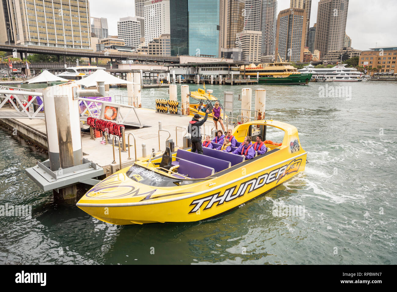 Passengers on a Thunder Jet boat waiting to start a boat trip in Sydney ...