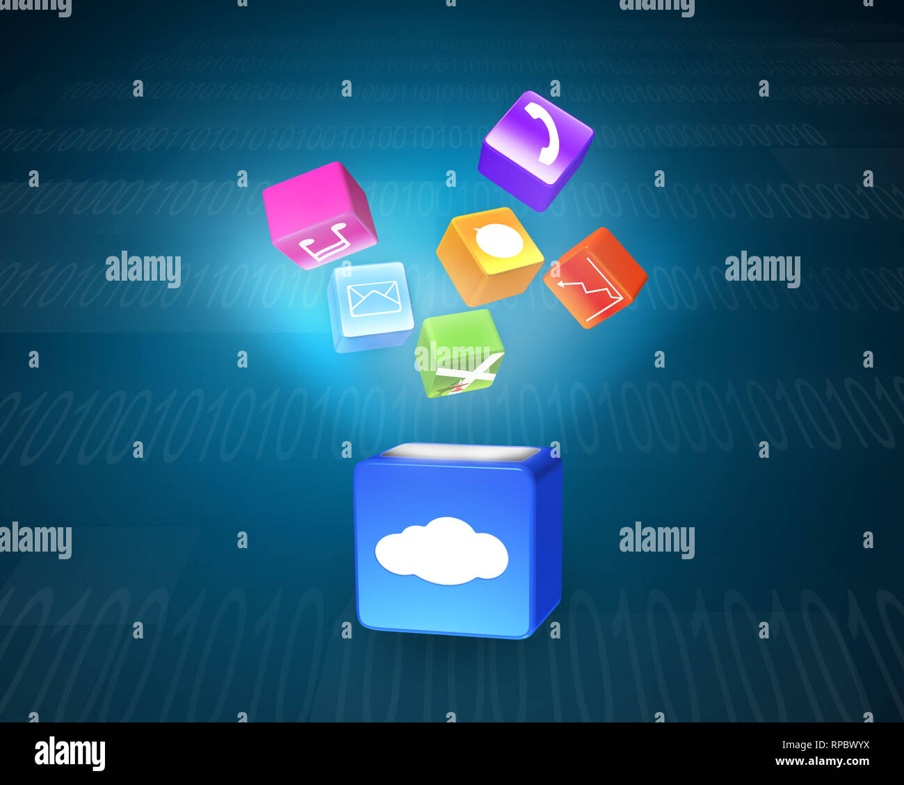 Cloud box illuminated colorful app icons floating on the tech ...