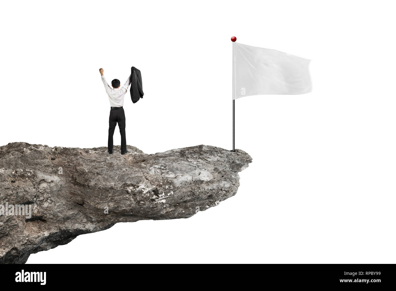 man cheering on cliff with blank flag and white background Stock Photo ...