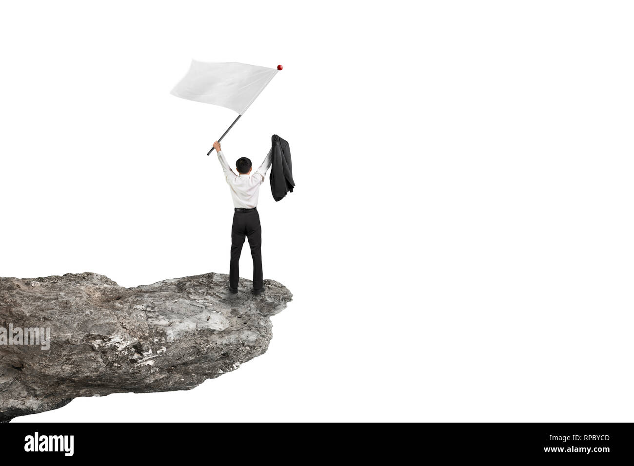 A businessman cheering on cliff waving blank flag with white background ...