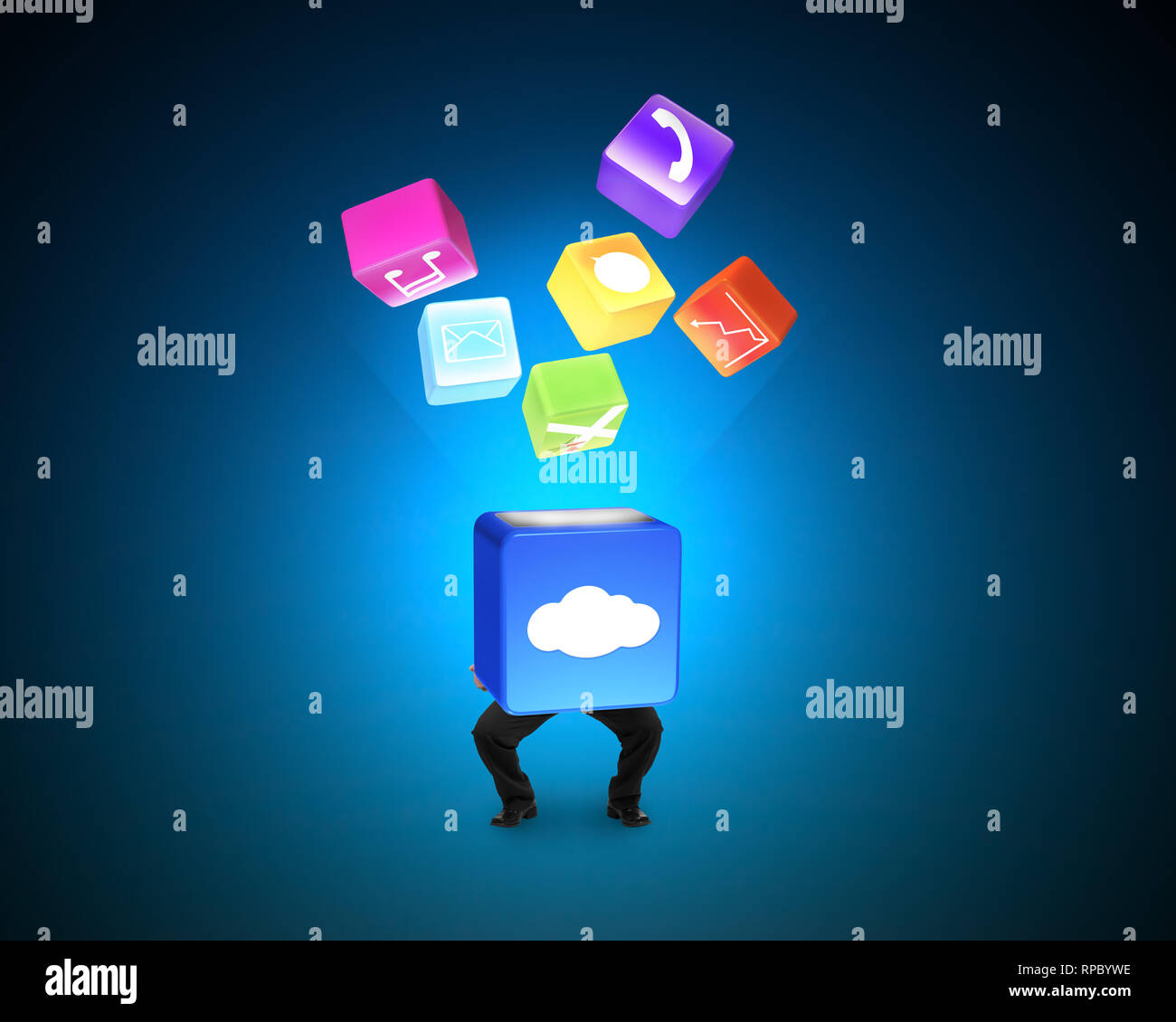 Man holding cloud box illuminated colorful app icons floating isolated ...