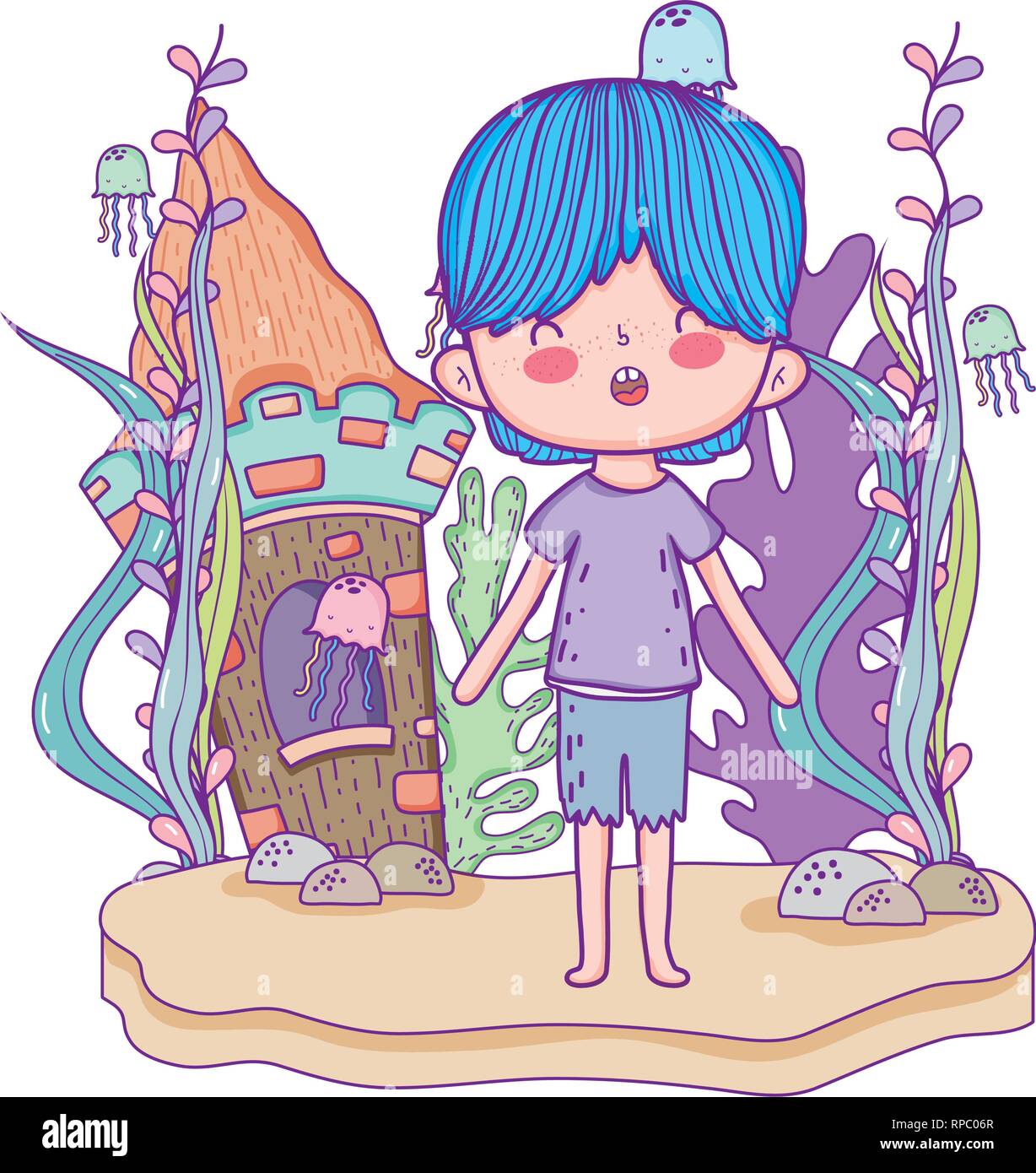 cute little boy undersea with castle Stock Vector Image & Art - Alamy