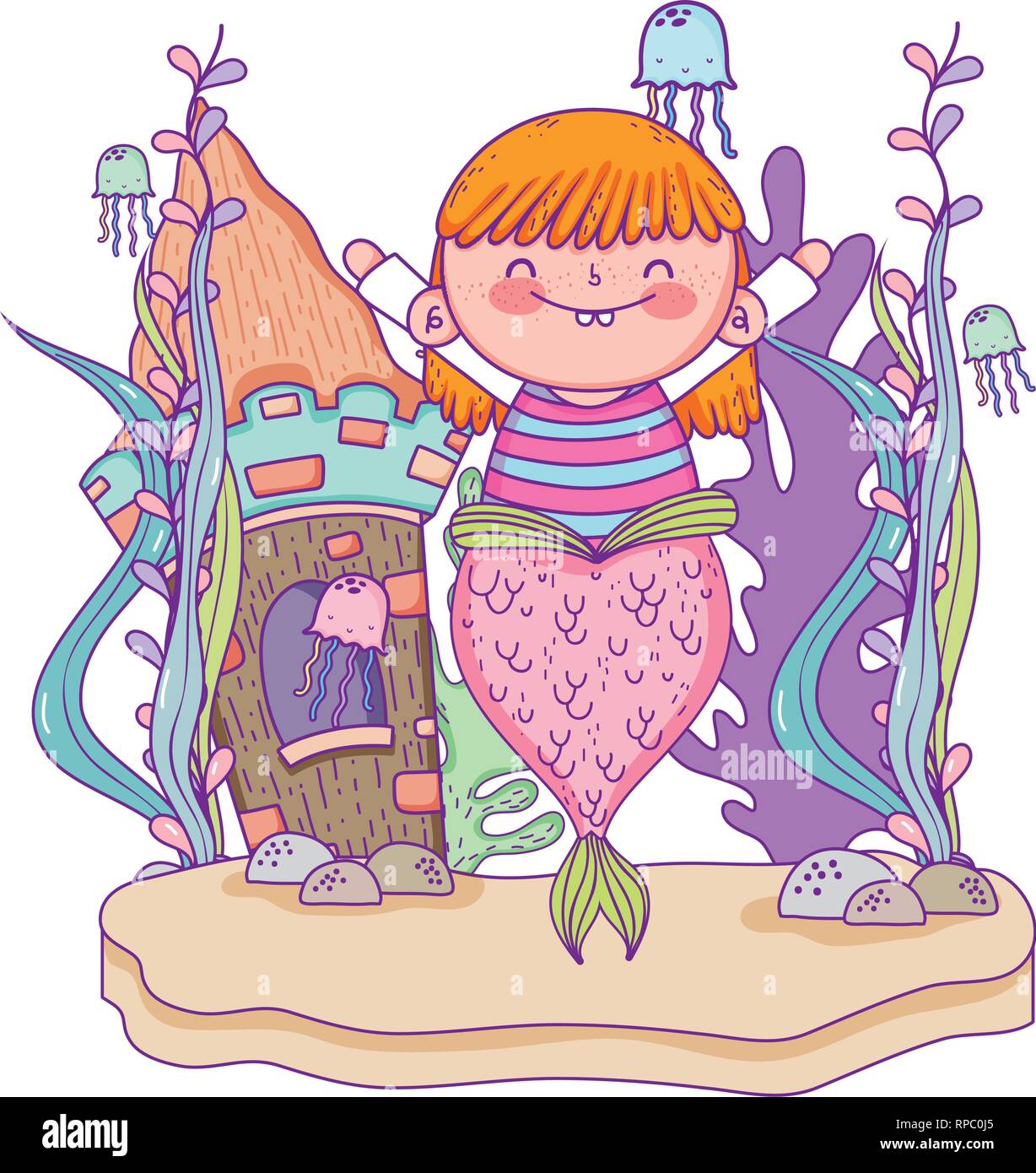 beautiful mermaid with castle scene Stock Vector Image & Art - Alamy