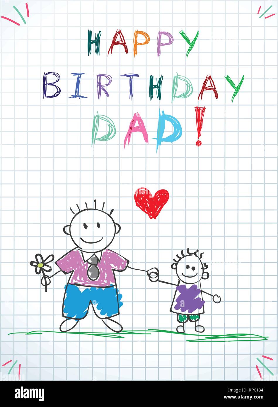 Happy Birthday Dad. Children Colorful Hand Drawn Vector Illustration of ...