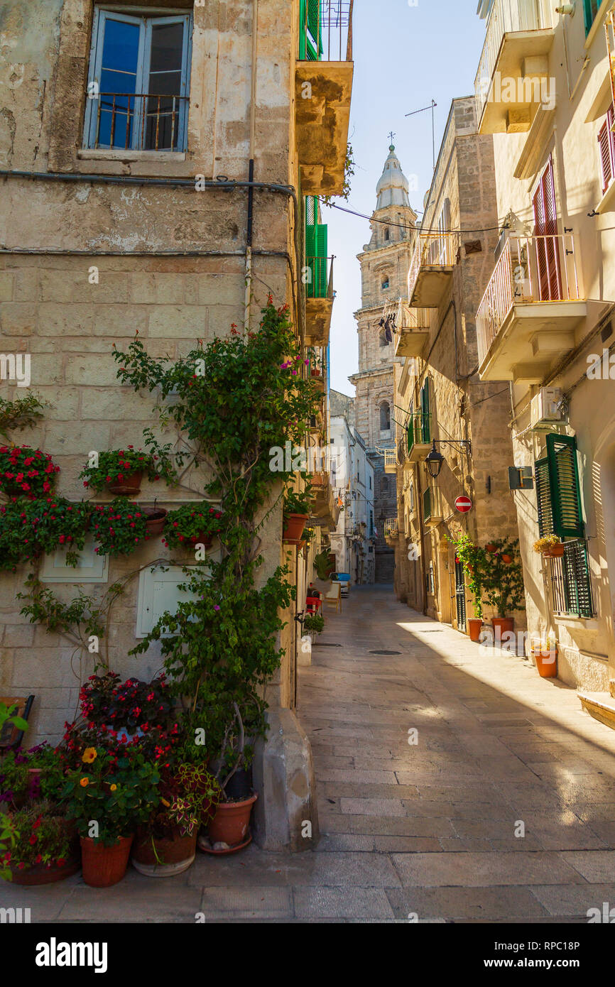 Scenic flowers on the street corner and cathedral tower in Monopoli ...