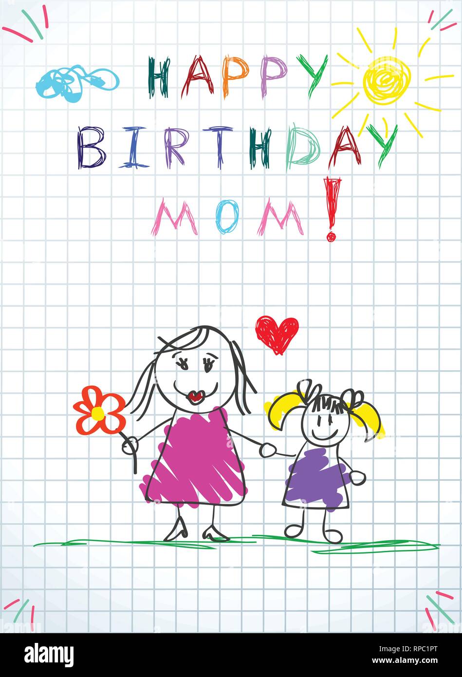 Happy Birthday Mom. Children Colorful Hand Drawn Vector Illustration of ...