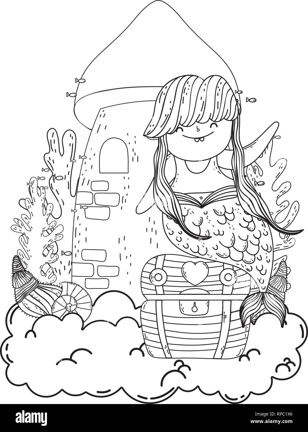 beautiful mermaid with castle and treasure chest Stock Vector Image ...