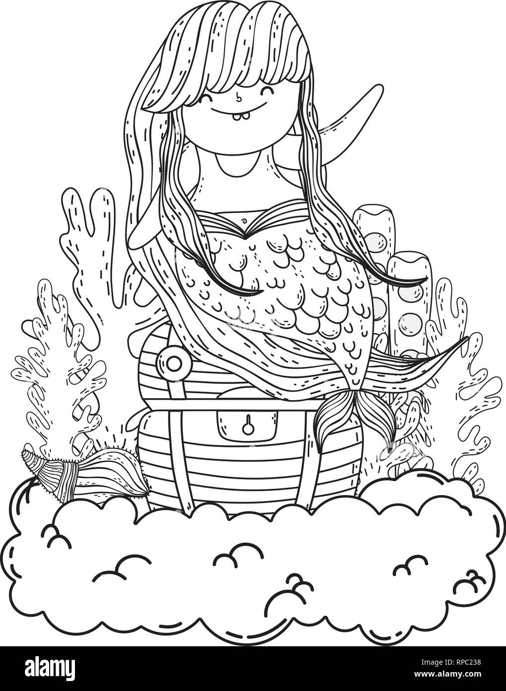 beautiful mermaid with treasure chest in clouds Stock Vector Image ...