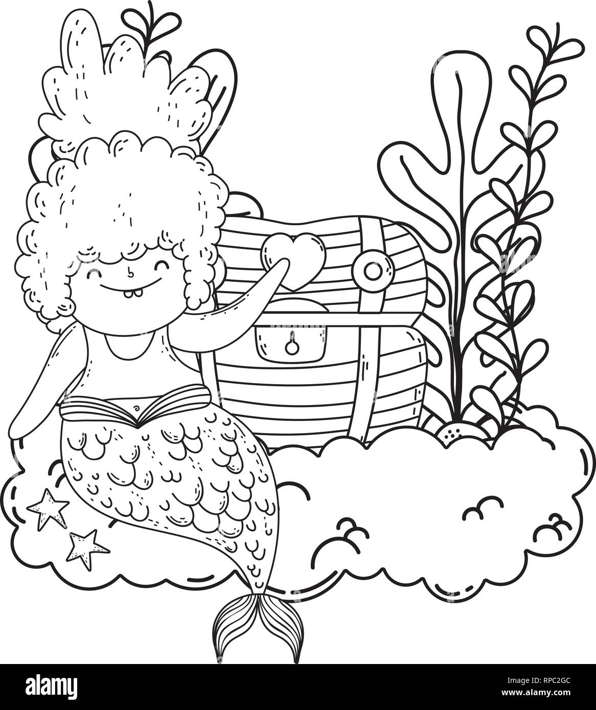 beautiful mermaid with treasure chest in clouds Stock Vector Image ...