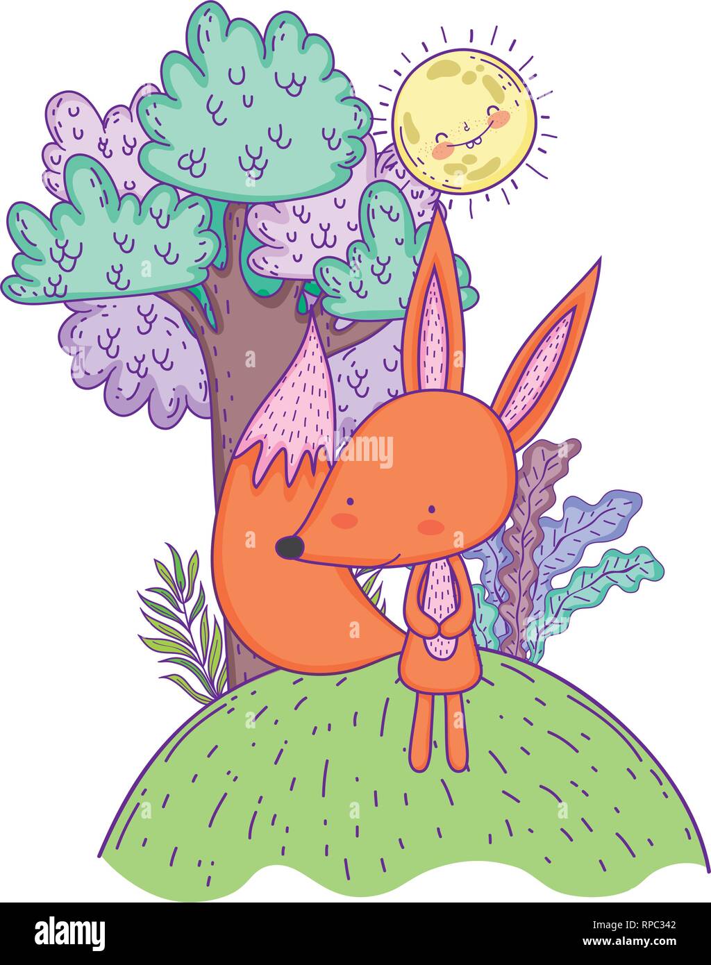 little fox with sun kawaii in the landscape Stock Vector Image & Art ...
