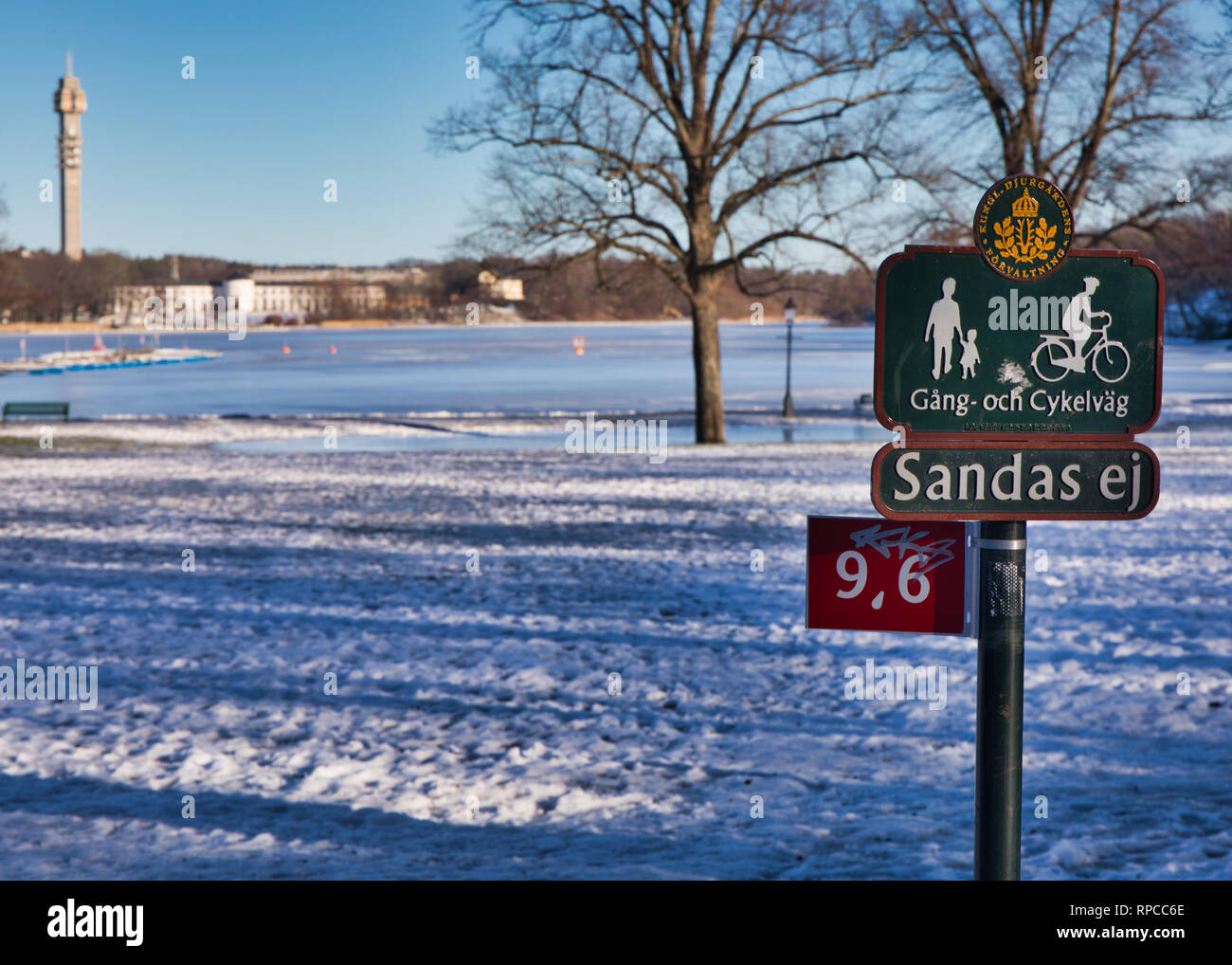 Sign indicating cycling and pedestrian paths and sign warning that the ...