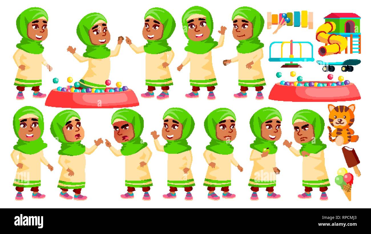 Arab, Muslim Girl Kindergarten Kid Poses Set Vector. Caucasian Child ...