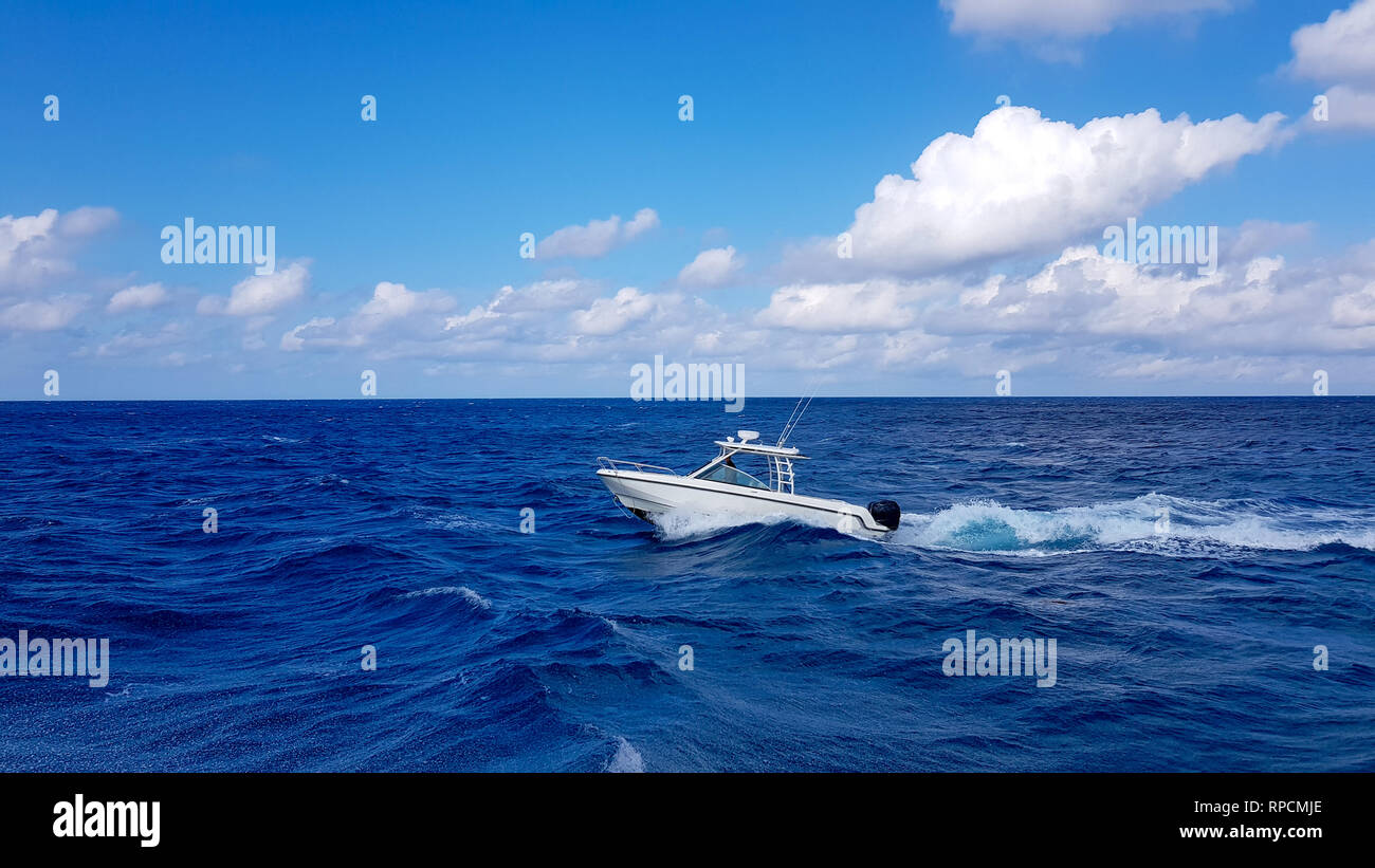 Speed fishing tender boat jumping the waves in the sea and cruising the ...
