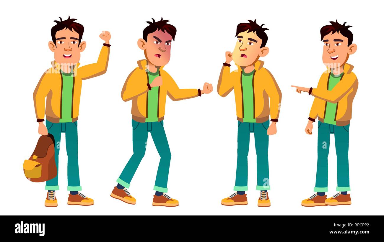 Asian Bad Boy Kid Poses Set Vector. High School Child. For Web, Poster ...