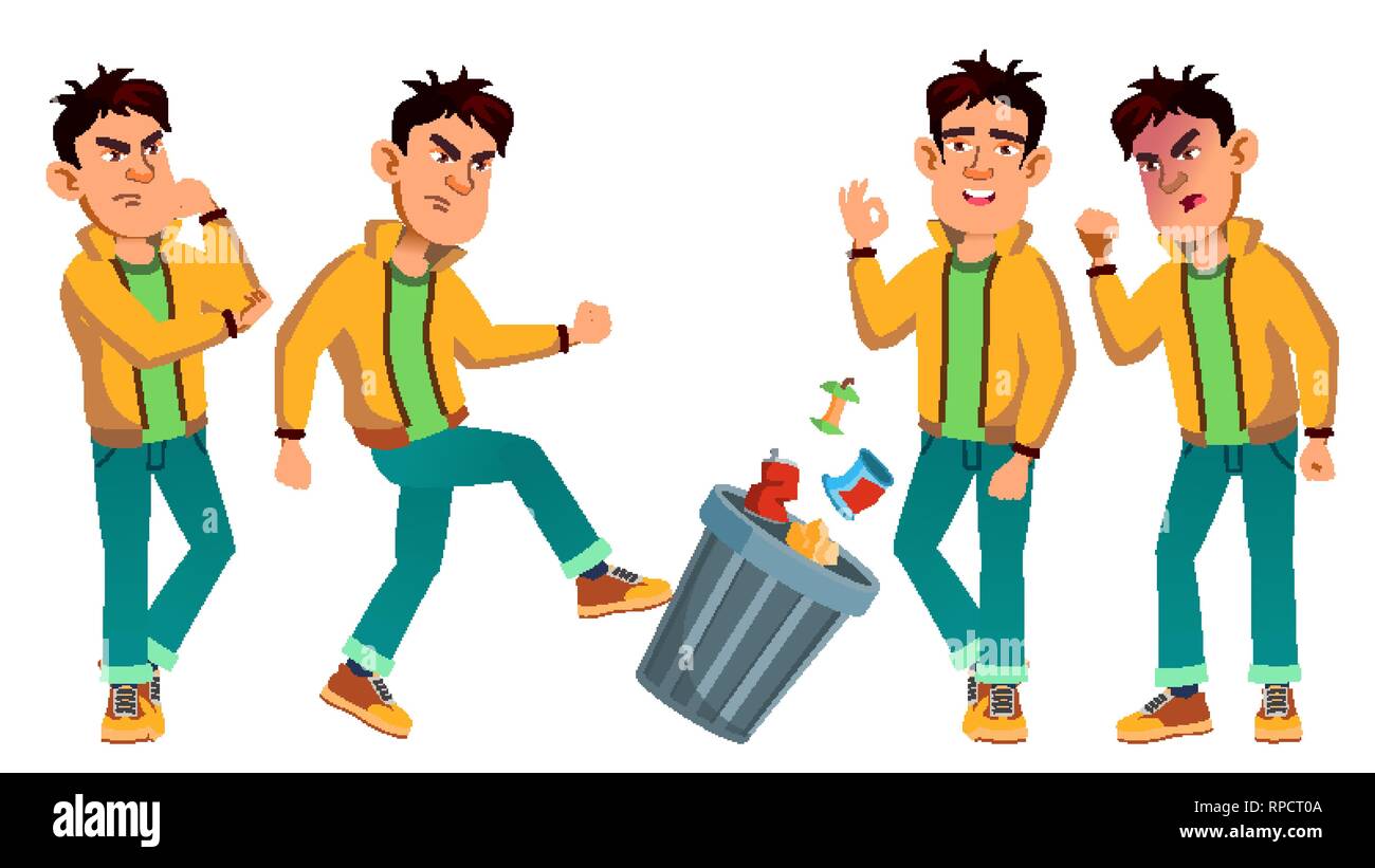 Asian Bad Boy Kid Poses Set Vector. High School Child. Life, Emotional ...