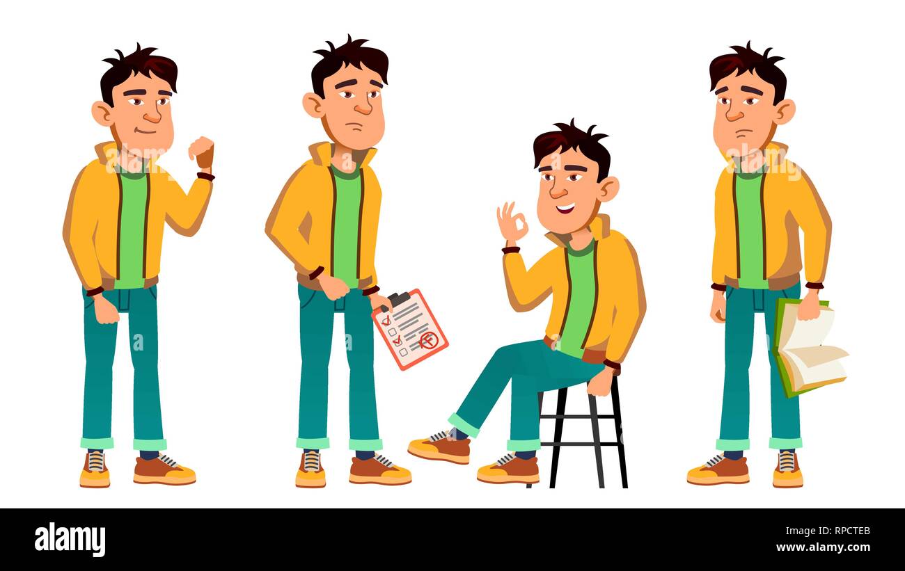 Asian Bad Boy Poses Set Vector. High School Child. Teenage. Beauty ...