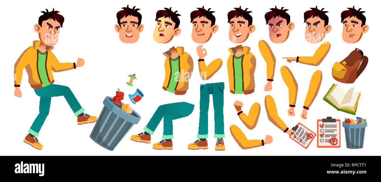 Asian Bad Boy Vector. High School Child. Animation Creation Set. Face ...