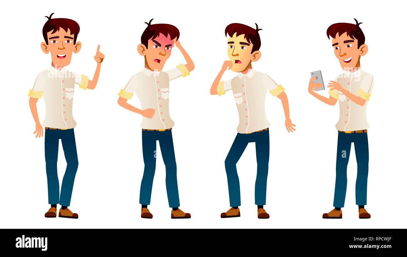 Asian Boy Poses Set Vector. High School Child. Panic, Shock. Classmate ...